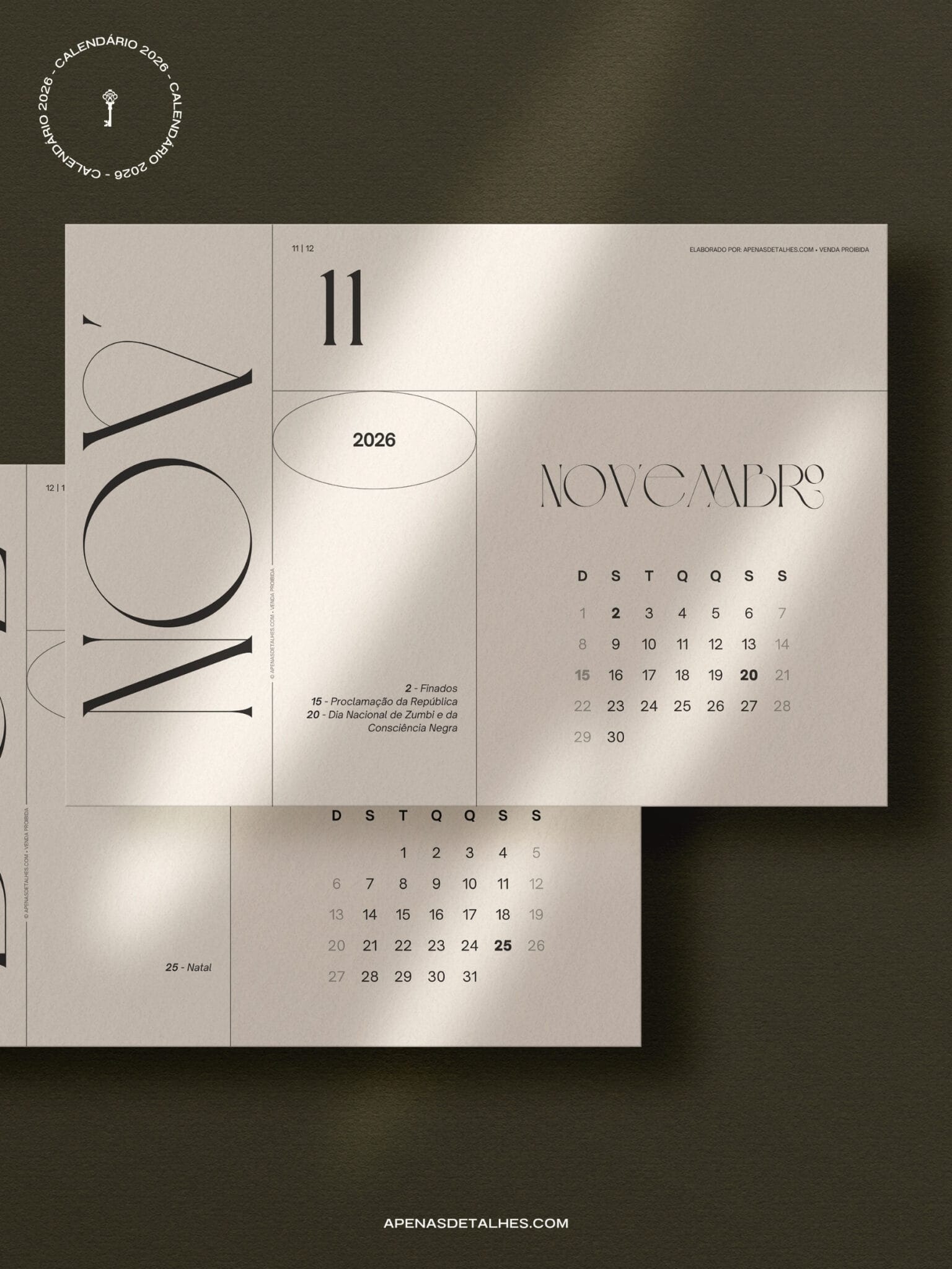 Calendário 2026 grátis para baixar e imprimir - Apenas Detalhes